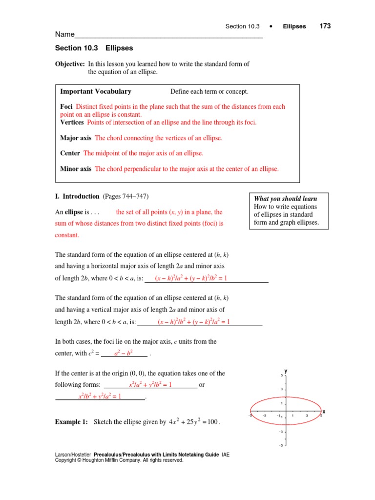 Section 10.3 Ellipses: Name | PDF | Ellipse | Cartesian Coordinate System