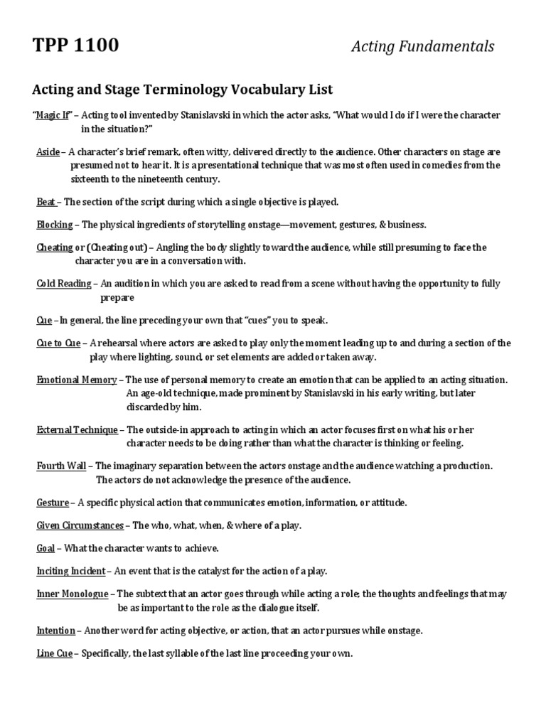 Acting and Stage Terminology Vocabulary List | PDF | Acting | Theatre