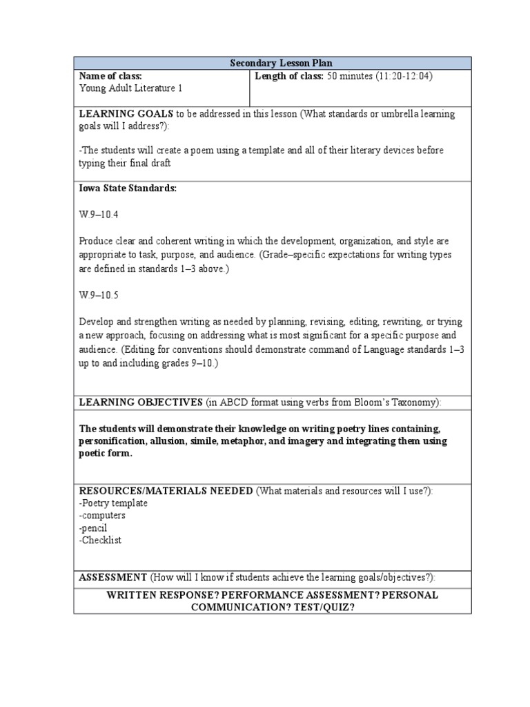 Young Adult Poetry Workshop | PDF | Lesson Plan | Educational Assessment