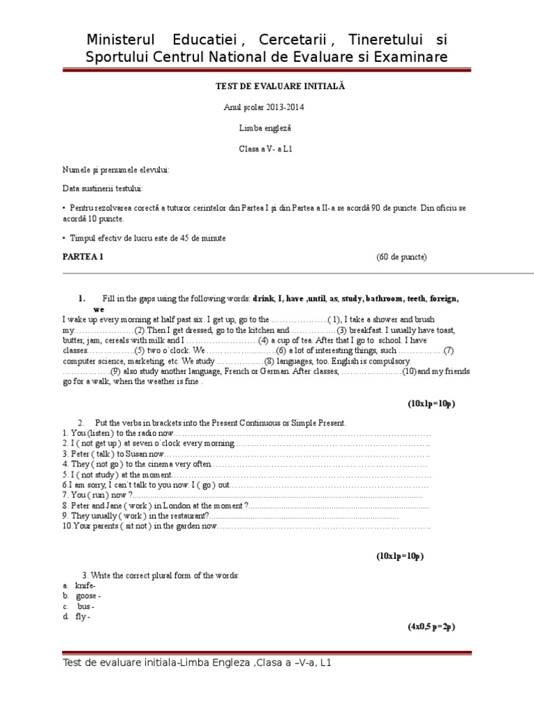 Test Initial Cls 5, Engleza | PDF | Language Mechanics | Linguistics