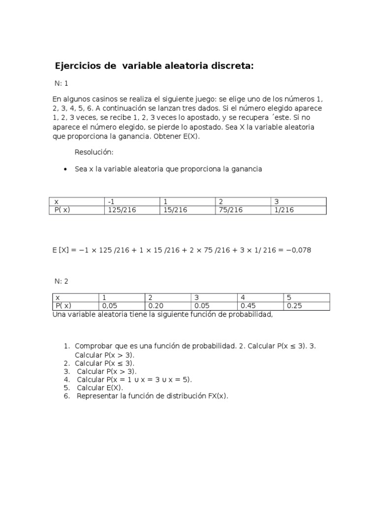 Ejercicios de Variable Aleatoria Discreta TONY | PDF | Variable aleatoria | Análisis matemático