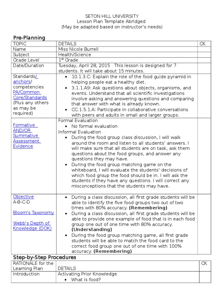 Food Groups Lesson Plan | PDF | Fruit | Lesson Plan