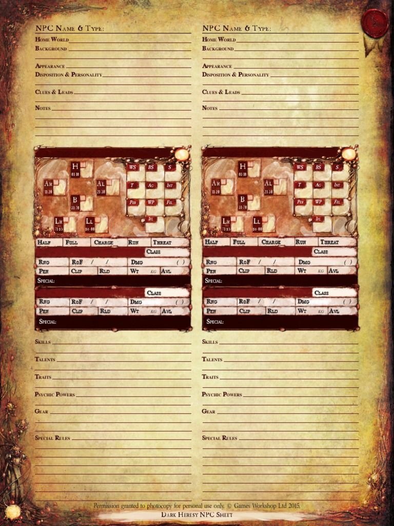 Dark Heresy 2e Form Fillable Character Sheet Printable Forms Free Online 