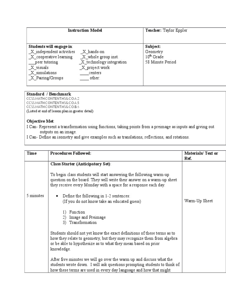 Day 1 Intro To Transformations Lesson Plan | PDF | Function ...