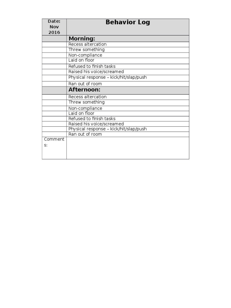 Student Behavior Log - November 2016 | PDF