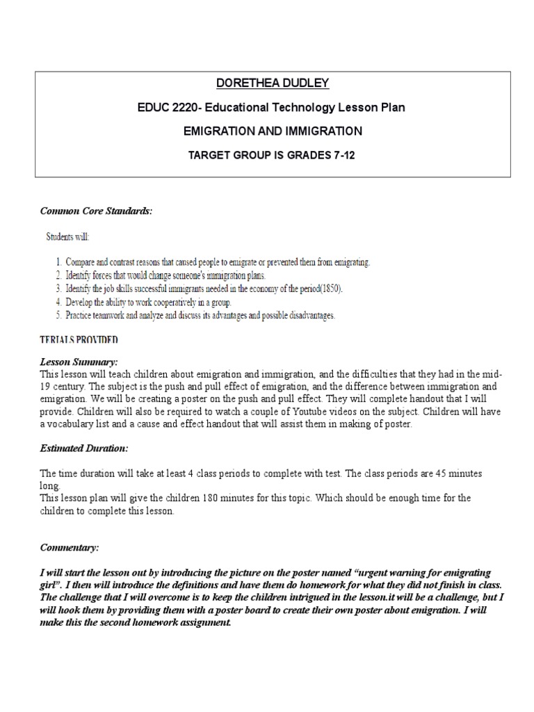 Dorethea Dudley EDUC 2220-Educational Technology Lesson Plan Emigration ...