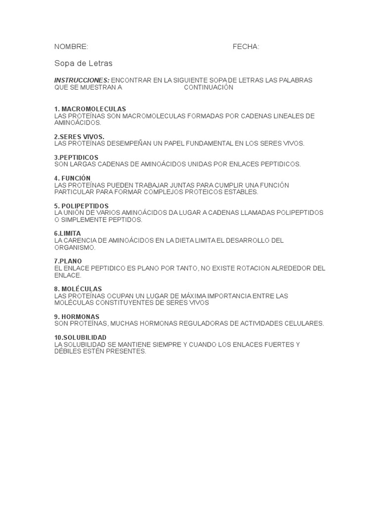 Sopa de Letras: Funciones de las Proteínas | PDF | Proteínas | Sangre