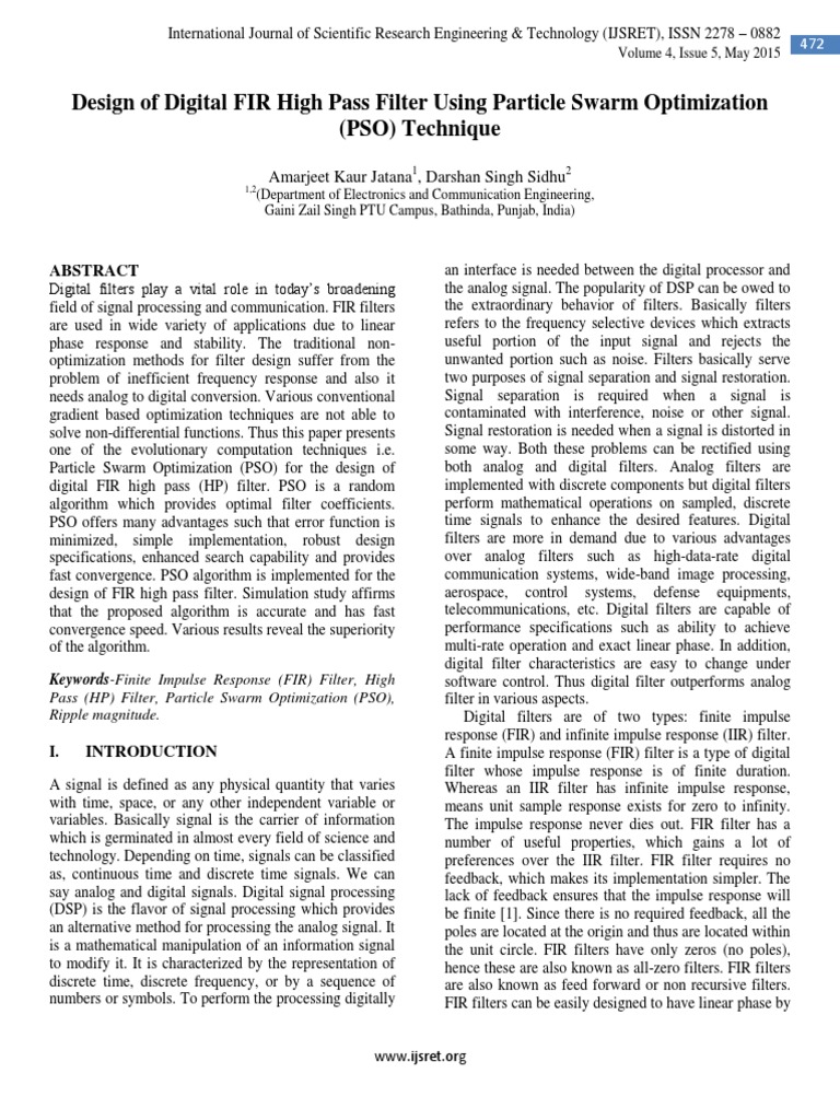 Design of Digital FIR High Pass Filter Using Particle Swarm Optimization (PSO) Technique ...