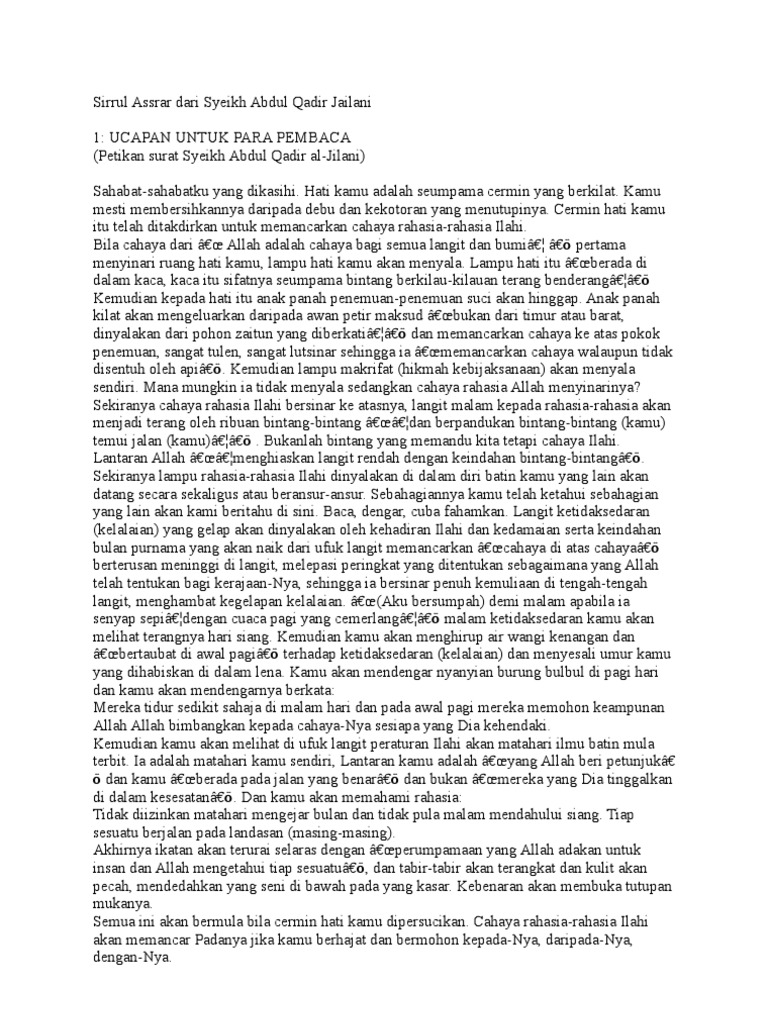 Sirrul Assrar Dari Syeikh Abdul Qadir Jailani | PDF | Agama & Spiritualitas | Dewasa Muda