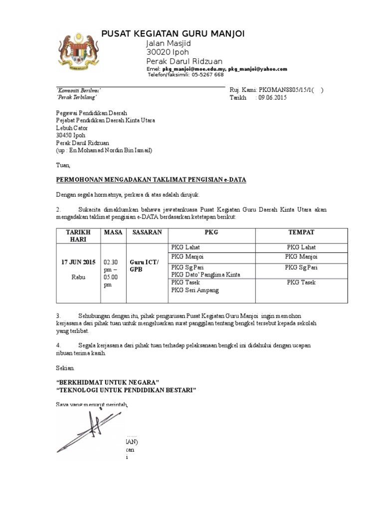 Contoh Surat Mohon Taklimat Pengisian E-Data-1 | PDF