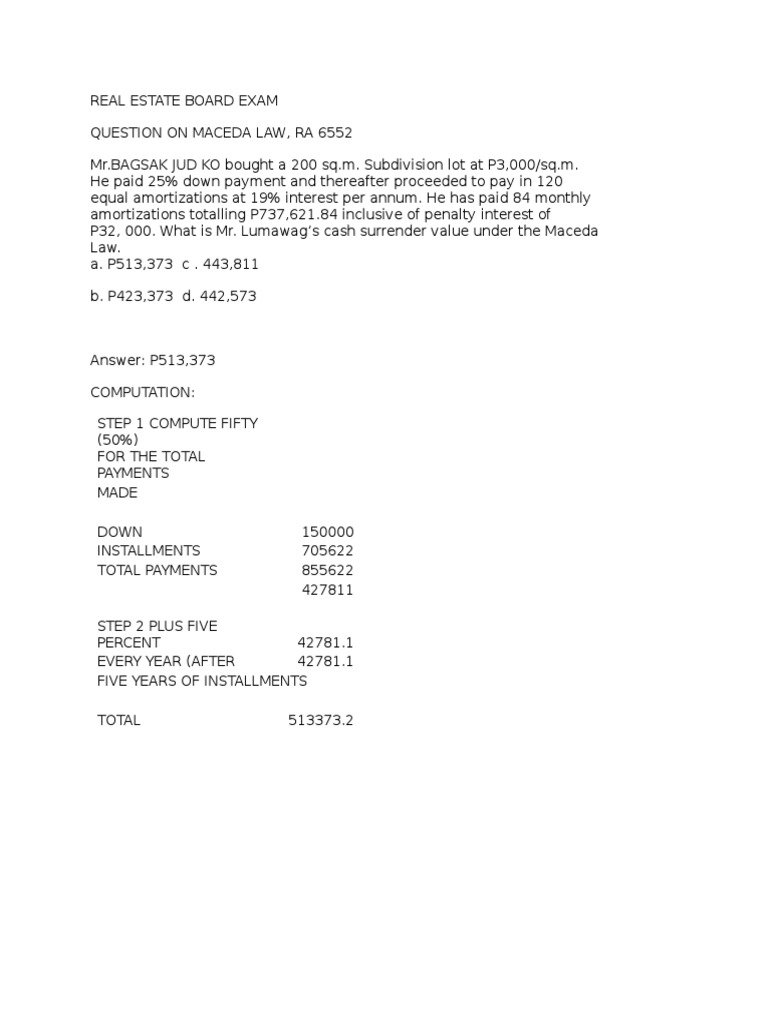 Maceda Law Cash Surrender Value Computation | PDF | Home & Garden ...