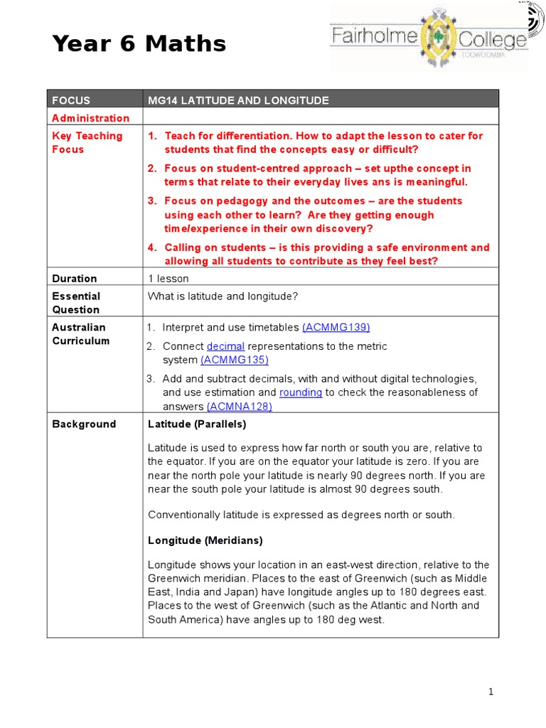 Maths Lesson Plan 3 Longitude | PDF | Longitude | Latitude