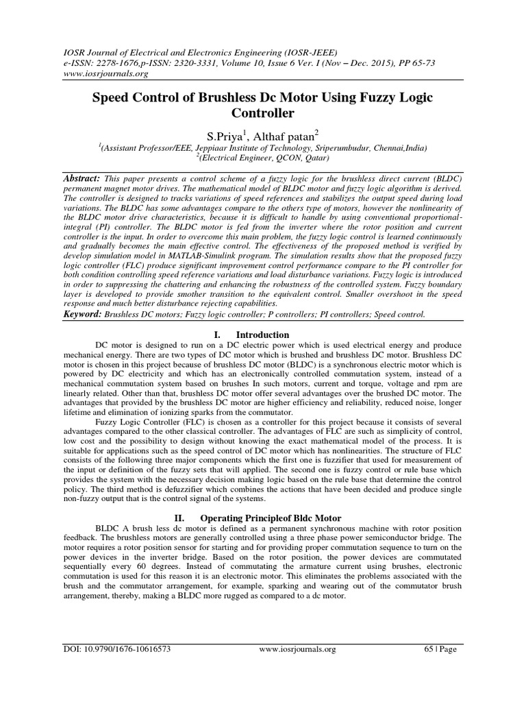 Speed Control of Brushless DC Motor Using Fuzzy Logic Controller | PDF ...