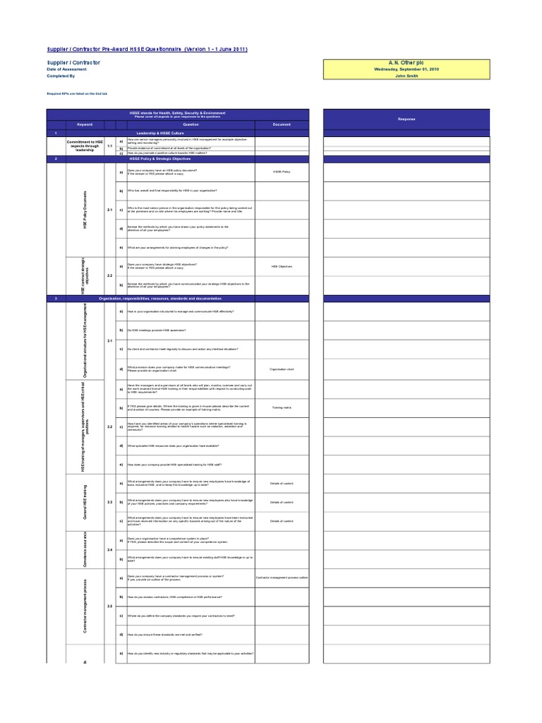 Supplier Questionnaire - Supplier Form | Audit | Occupational Safety ...