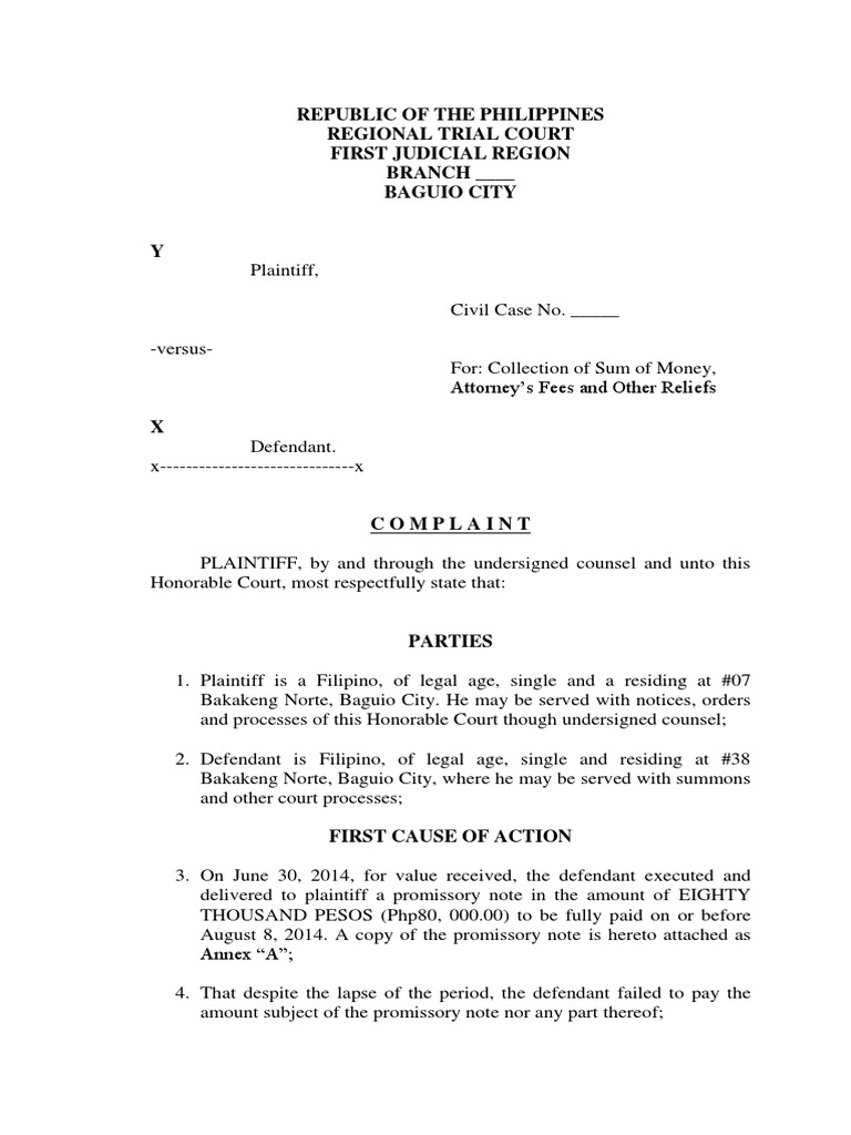 Complaint (Collection of Sum of Money) | PDF | Lawsuit | Promissory Note