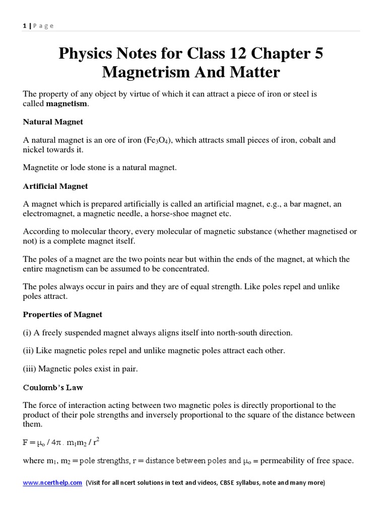 Physics Notes For Class 12 Chapter 5 Magnetism and Matter Formulas ...