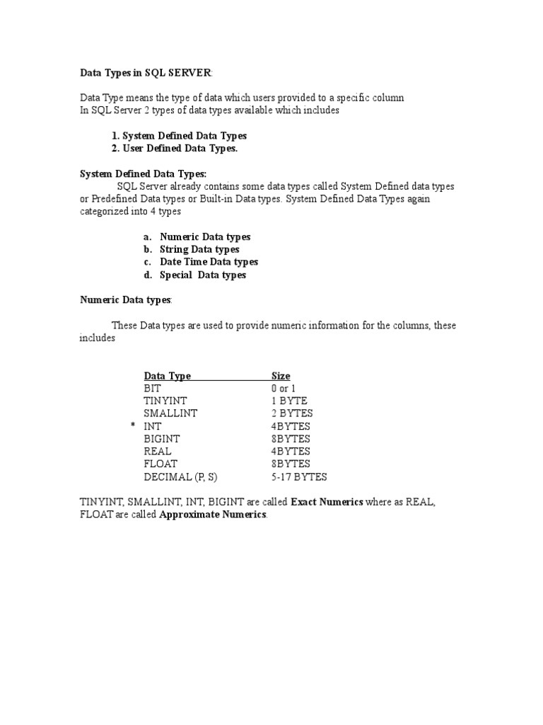 Data Types in SQL Server | PDF | Data Type | Integer (Computer Science)