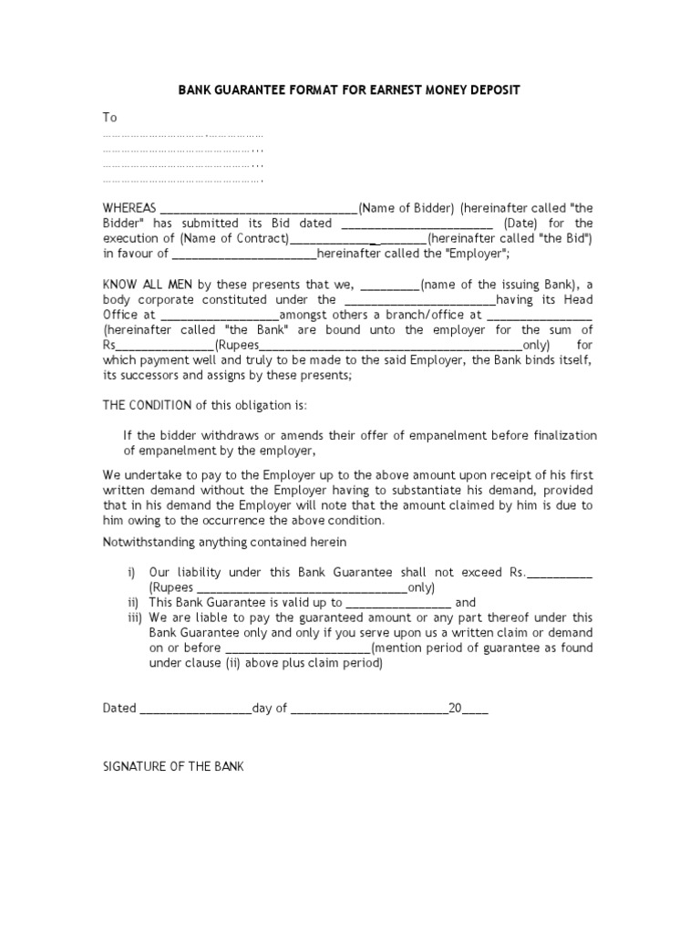 Bank Guarantee Format For Earnest Money Deposit | PDF