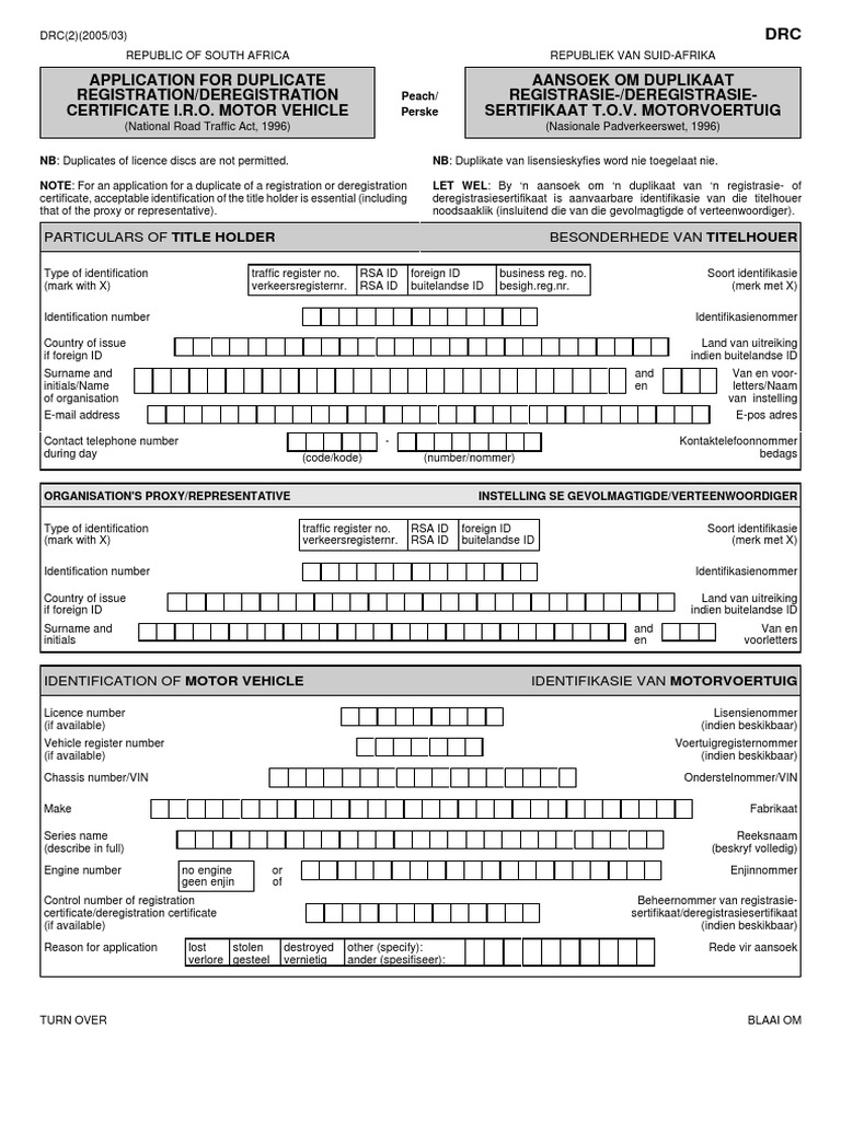 Application For Duplicate Registration or Deregistration Certificate I (1) .R.o Motor Vehicle ...