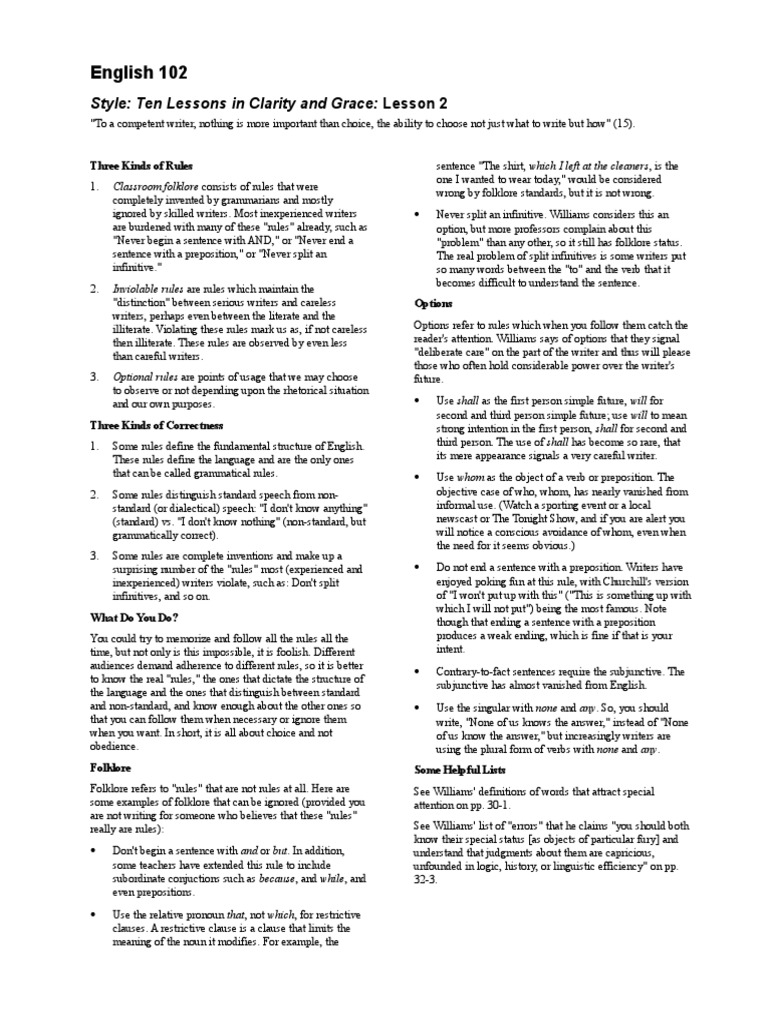 English 102: Style: Ten Lessons in Clarity and Grace: Lesson 2 | PDF ...