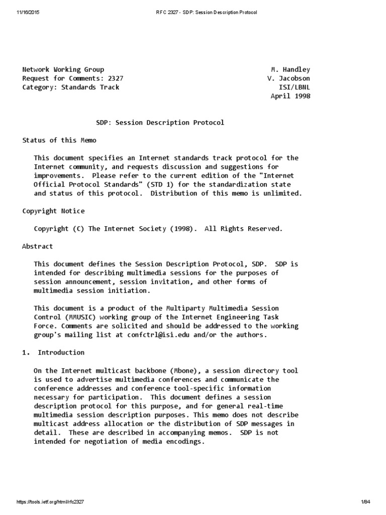 RFC 2327 - SDP - Session Description Protocol | PDF | Multicast | Port ...