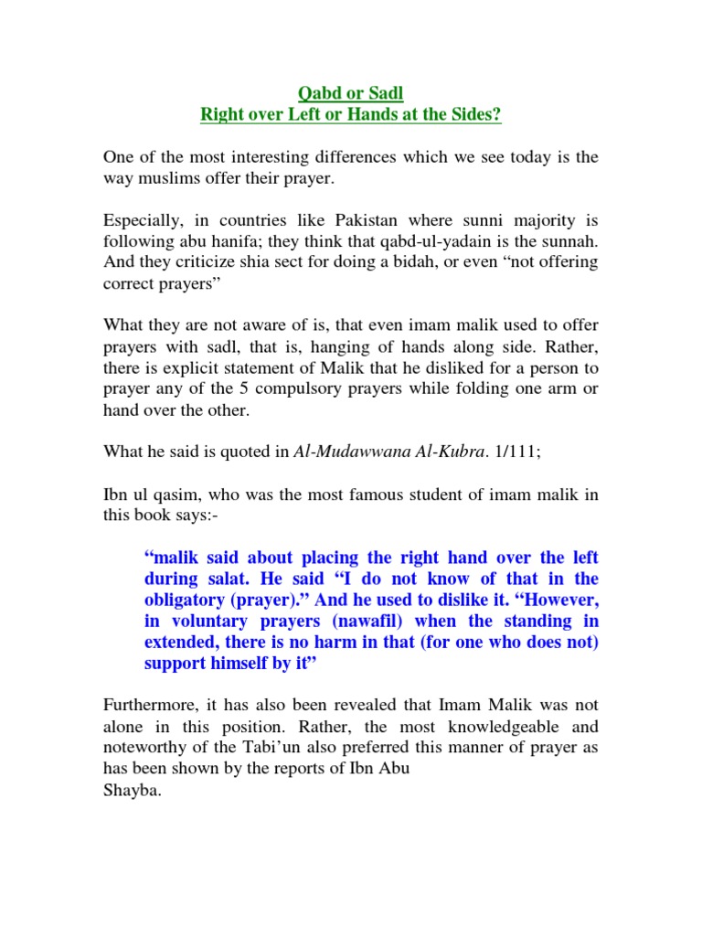Qabd or Sadl in Salat | PDF | Hadith | Muhammad