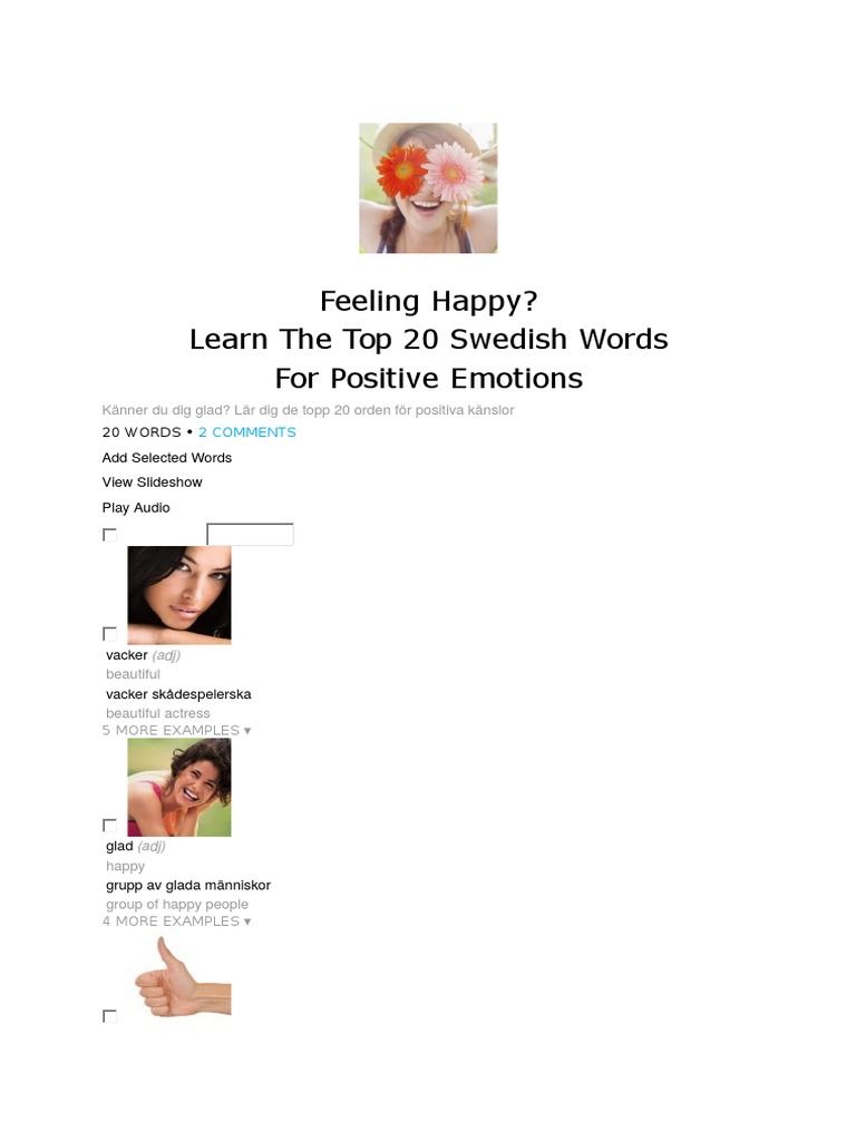 Top 20 Swedish Words For Positive Emotions | PDF