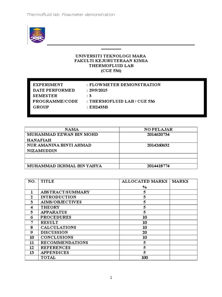 Flowmeter Demonstration Lab Report | PDF | Flow Measurement | Fluid ...