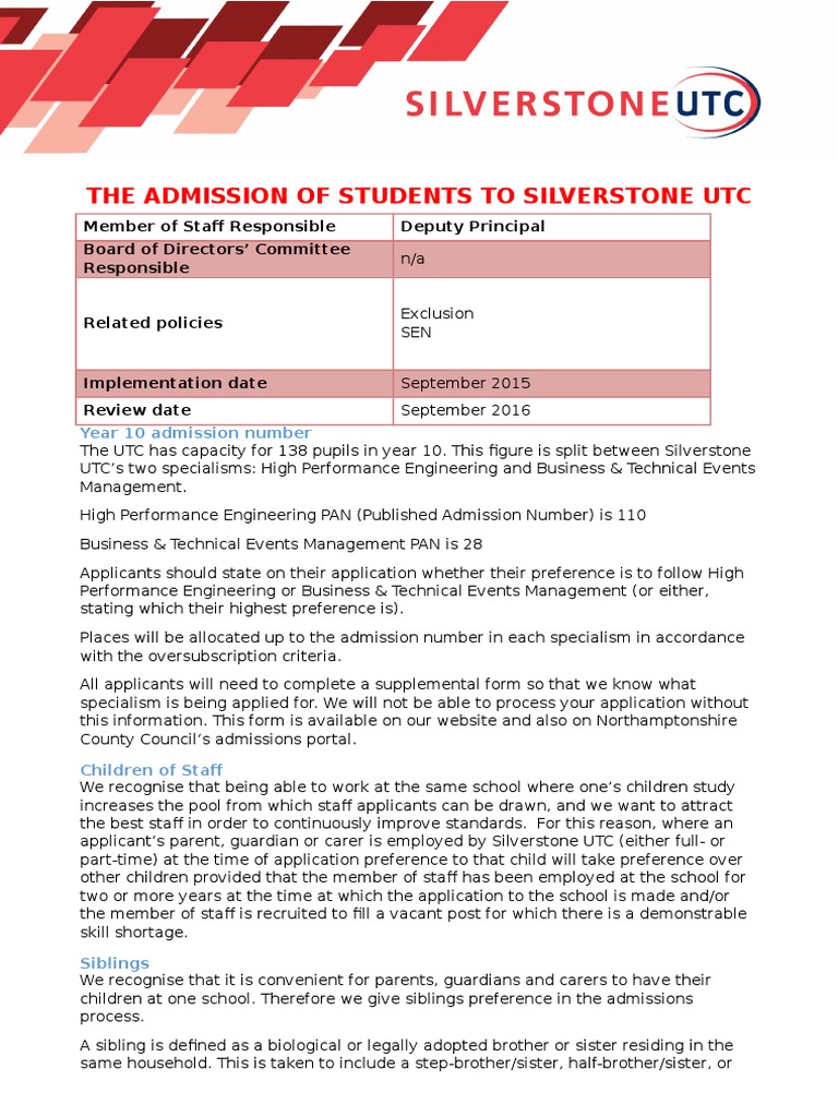The Admission of Students To Silverstone Utc | PDF | University And ...