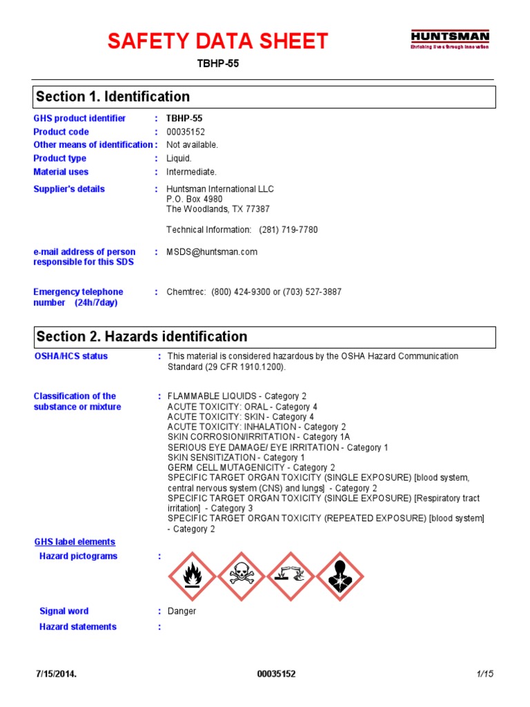 Msds TBHP 55 | PDF | Toxicity | Personal Protective Equipment