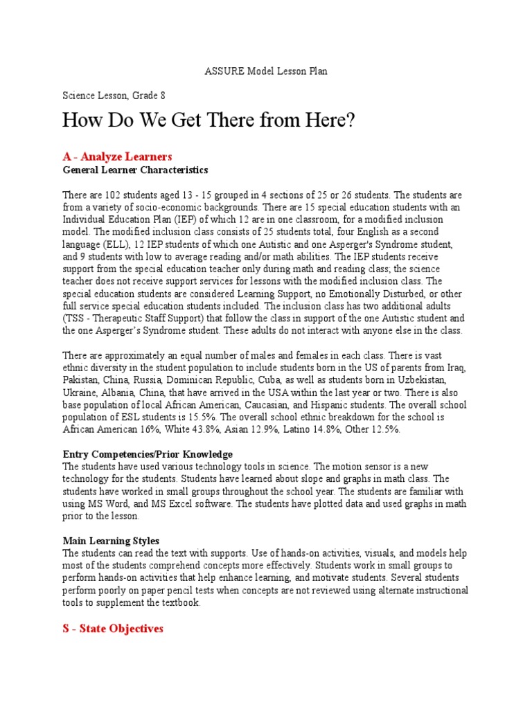 ASSURE Model Lesson Plan | PDF | Inclusion (Education) | Laptop