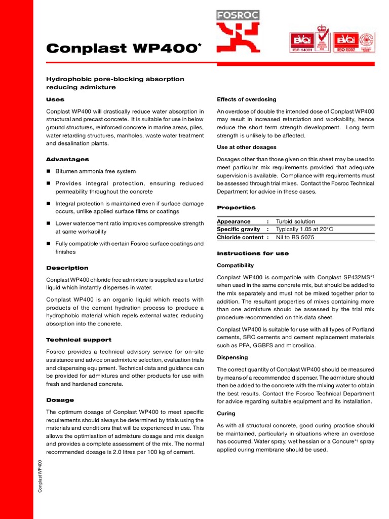 Conplast wp400 | PDF | Concrete | Manmade Materials