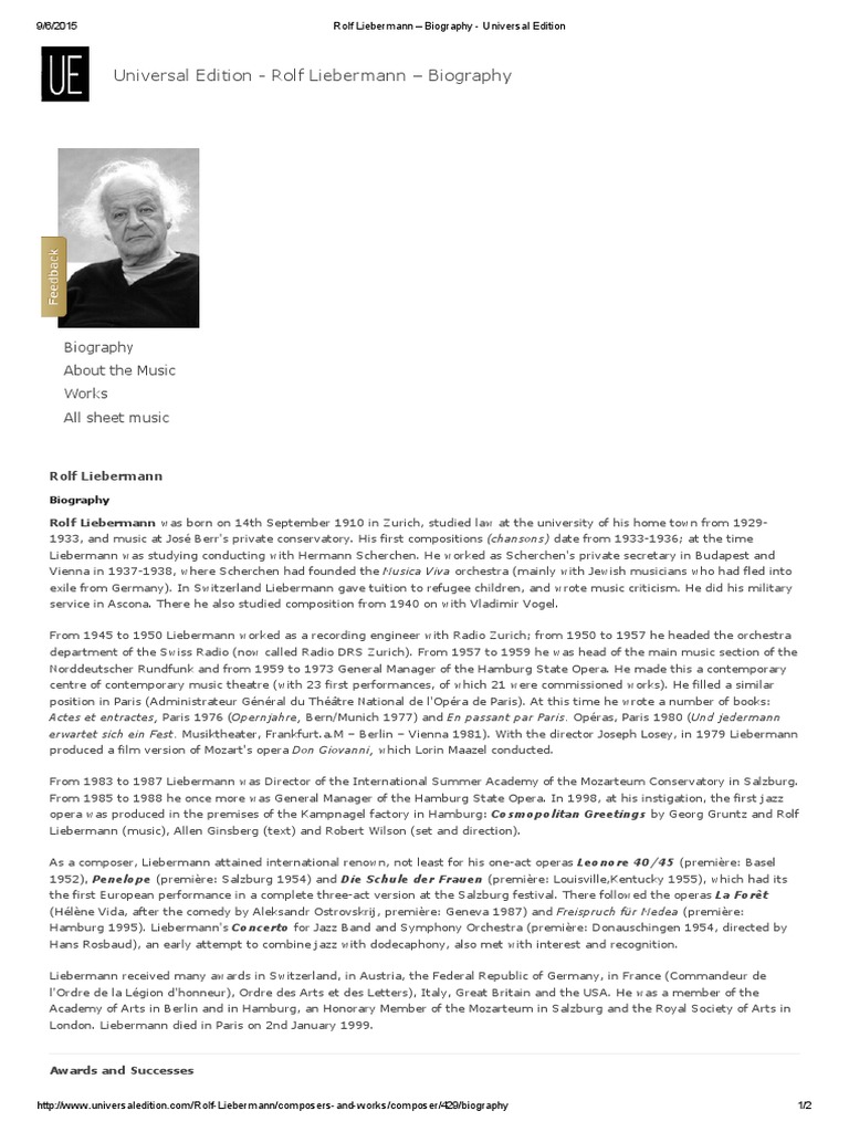 Rolf Liebermann: Composer Biography | PDF | Opera | Classical Music