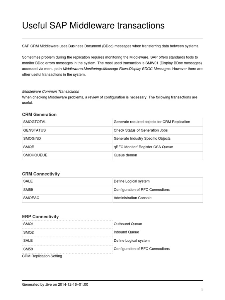 Useful Middleware T-Codes | PDF | Customer Relationship Management | Replication (Computing)