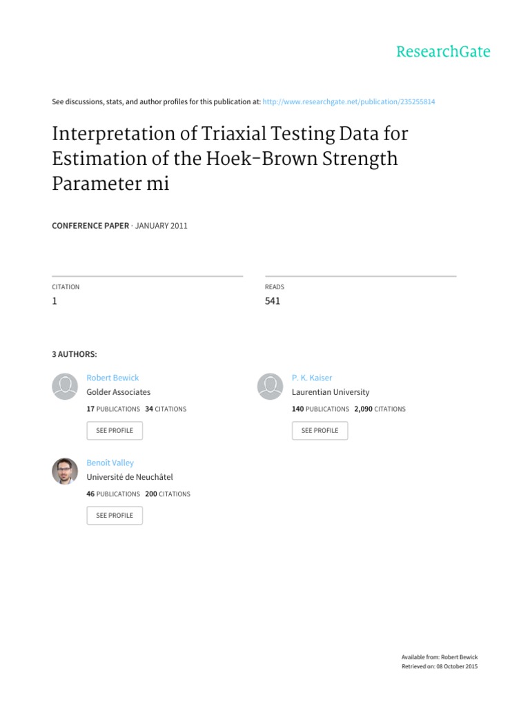 Interpretation of Triaxial Testing Data For Estimation of The Hoek ...