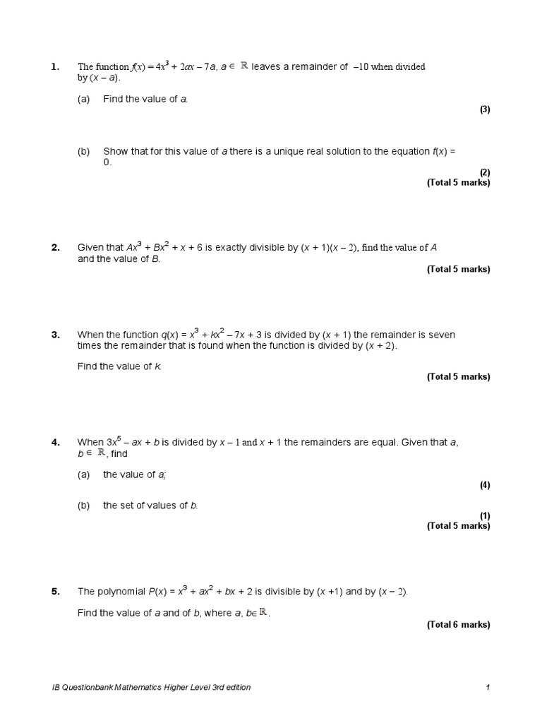 Polynomials Exercises IB HL Maths | PDF