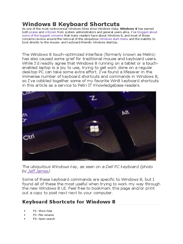 Windows 8 Keyboard Shortcuts | PDF | Windows 8 | Computer Keyboard