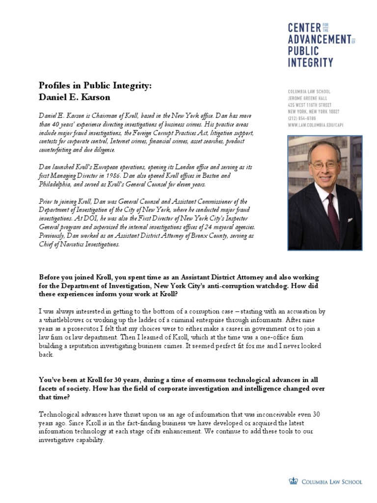 Profiles in Public Integrity - Dan Karson | PDF | Cybercrime | Corruption