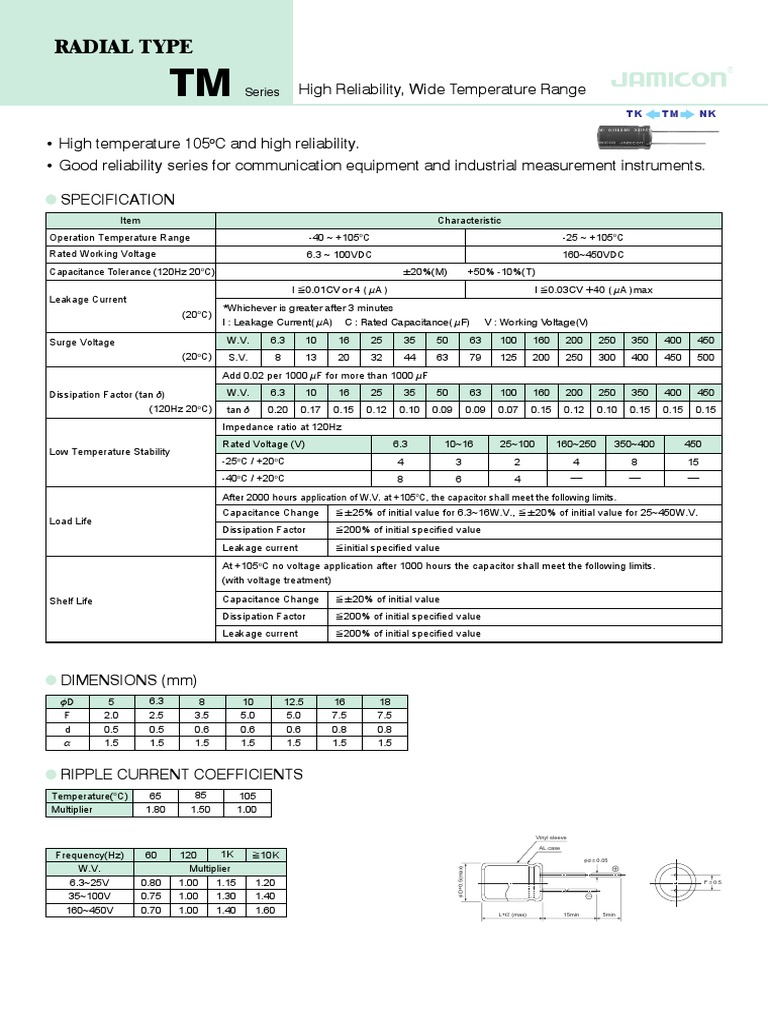 Specification Sheet for TK Series Radial Type Electrolytic Capacitors ...