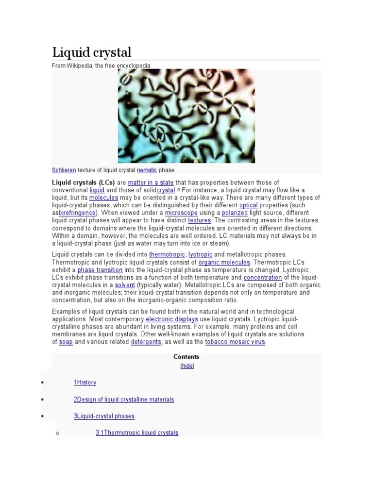 Liquid Crystal: From Wikipedia, The Free Encyclopedia | PDF | Liquid ...