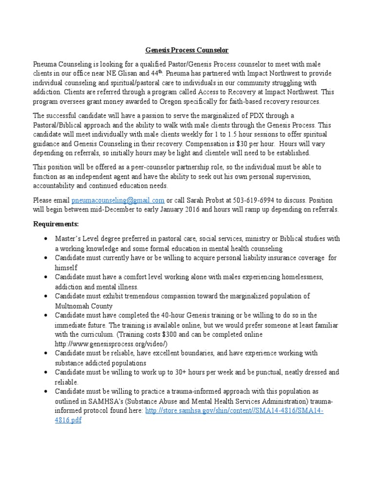 Genesis Process Counselor | PDF | Recovery Approach | Substance Dependence