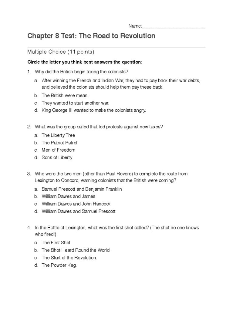 Chapter 8: Road to Revolution Test | PDF | American Revolution | United ...