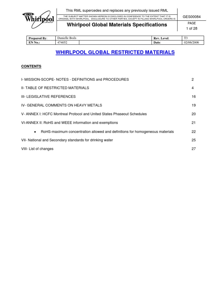 Whirlpool Global Restricted Materials List | PDF | Chemical Substances ...