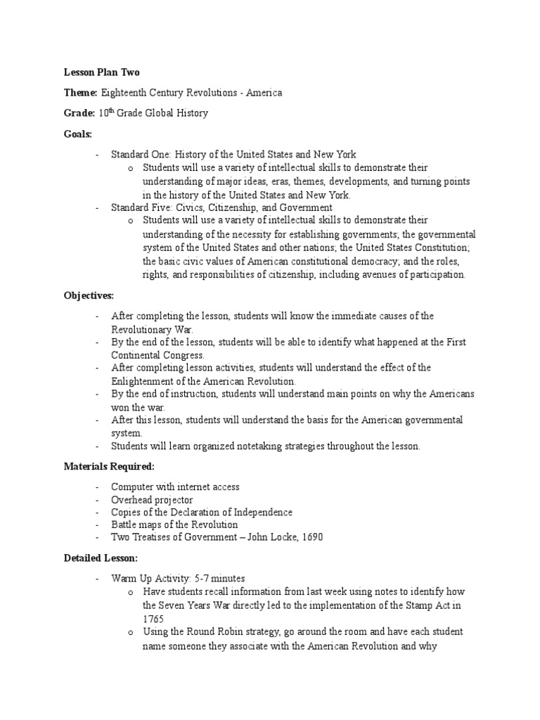 Lesson Plan Two Theme: Eighteenth Century Revolutions - America Grade ...