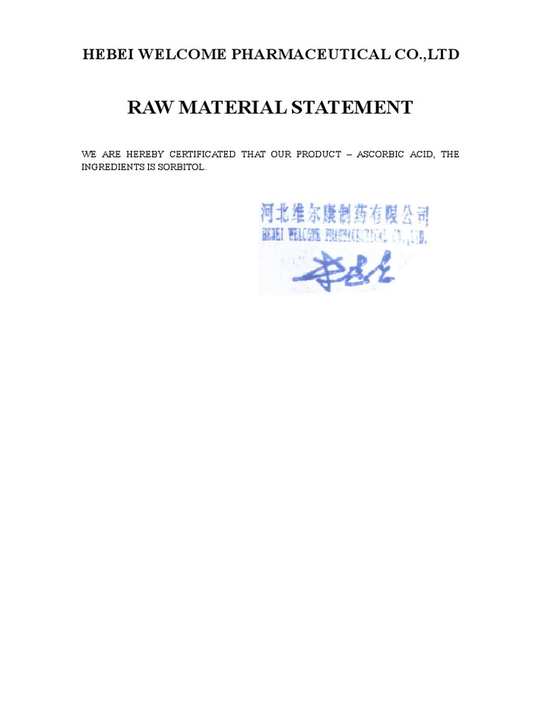 Ascorbic Acid Raw Material Statement | PDF | Wellness