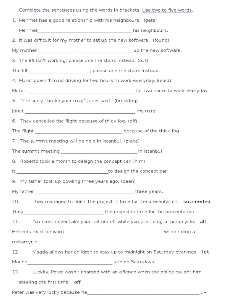 Fce Sentence Transformation Worksheet2 | PDF