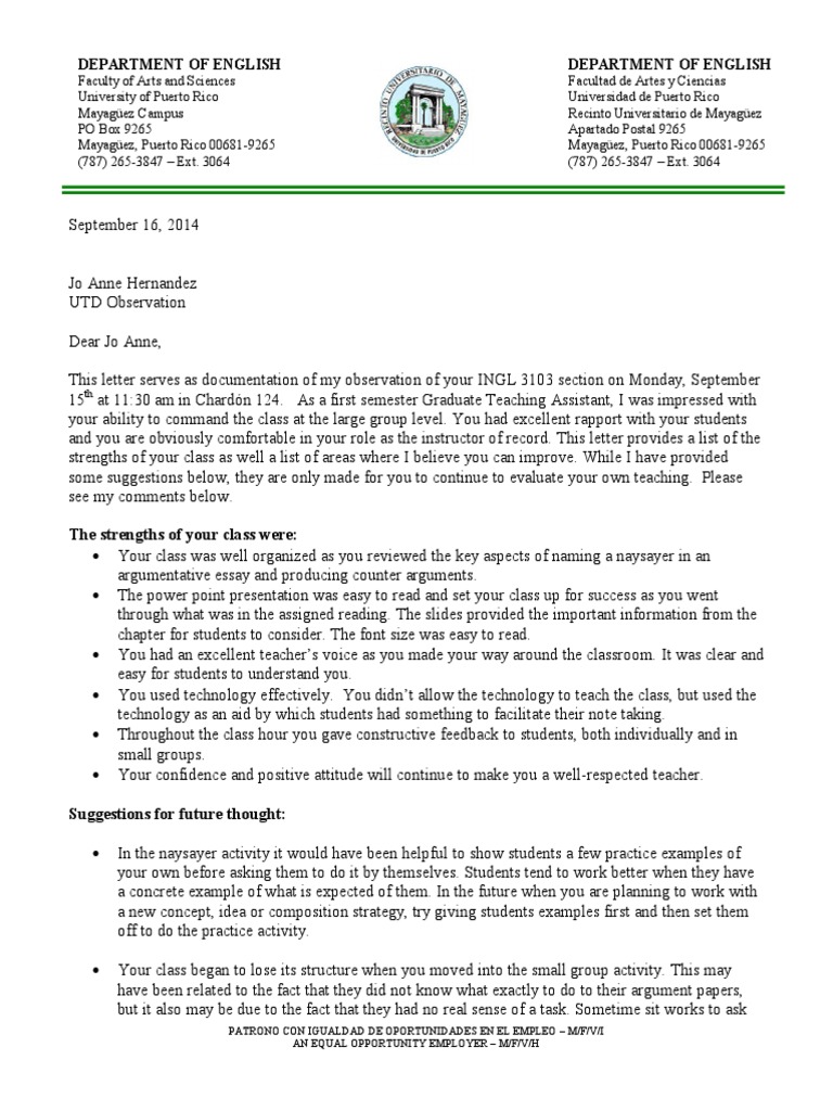 Jo Anne Hernandez Observation Letter | PDF | Classroom | Teaching