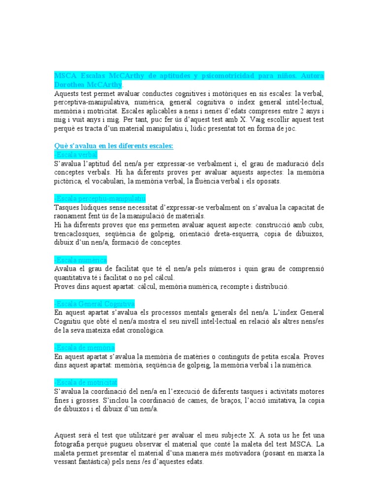 MSCA Escalas McCArthy de Aptitudes y Psicomotricidad para Niños | PDF