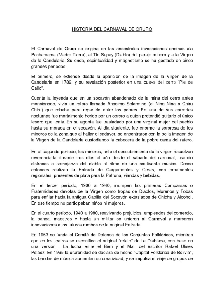 Historia Del Carnaval de Oruro | PDF | Carnaval | Religión y creencia