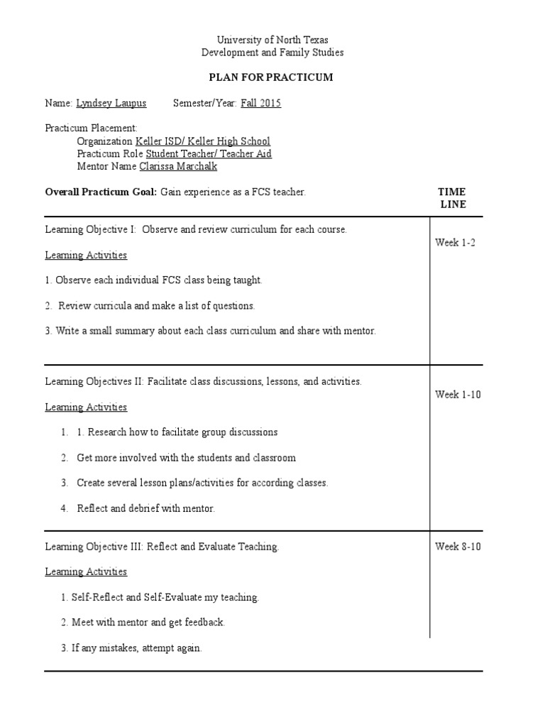 UNT Practicum Plan for FCS Teaching | PDF